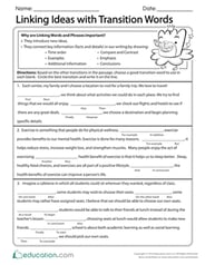 Transitional Devices Worksheets Transition Words In Writing Lesson