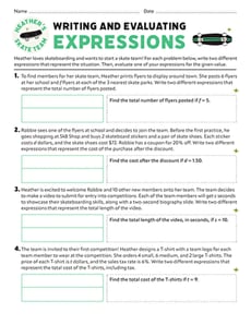 Evaluating Expressions Worksheets 7th Grade