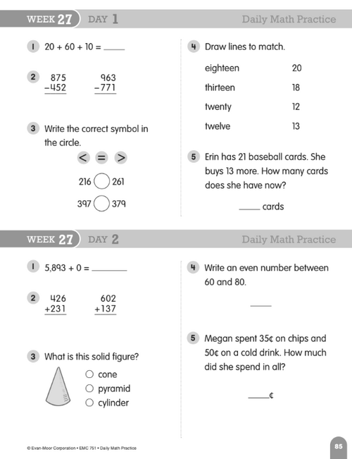 Daily Math Practice, Grade 2: Weeks 25–36 | Workbook | Education.com