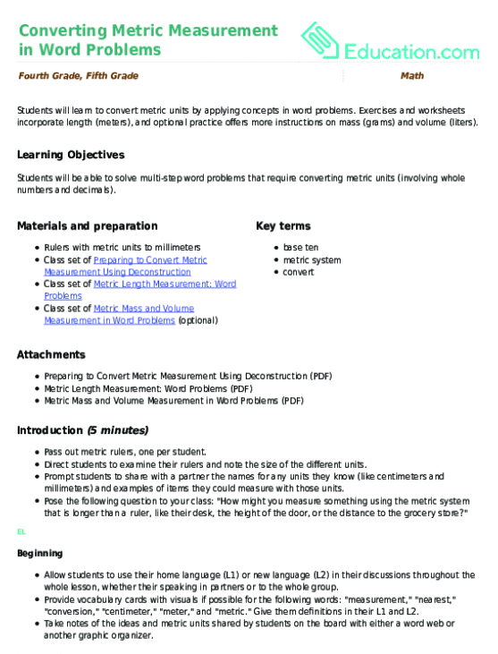 Converting Metric Measurement In Word Problems Lesson Plan 