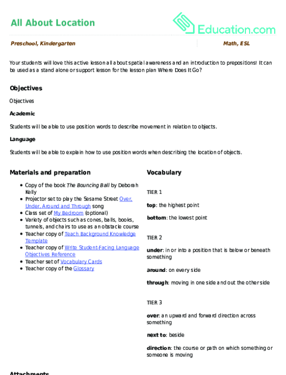 EL Support Lesson: All About Location | Lesson Plan | Education.com