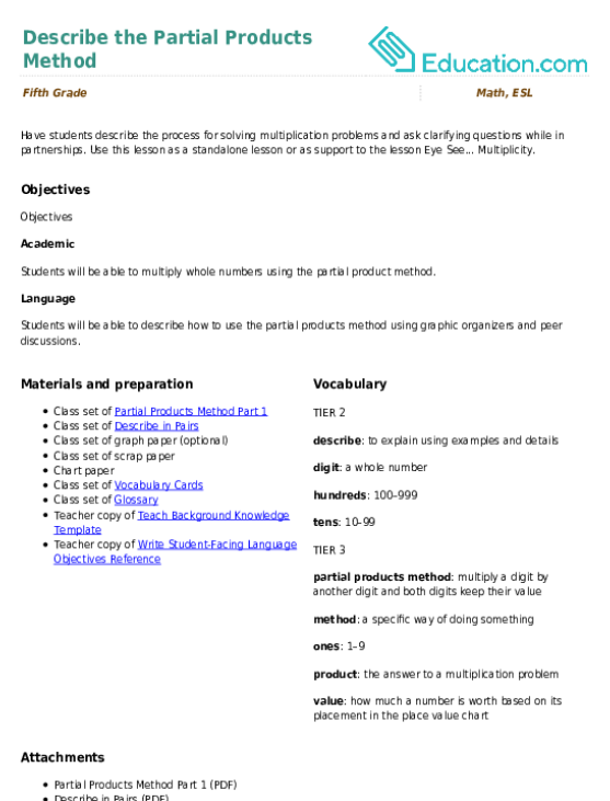EL Support Lesson: Describe the Partial Products Method | Lesson Plan ...