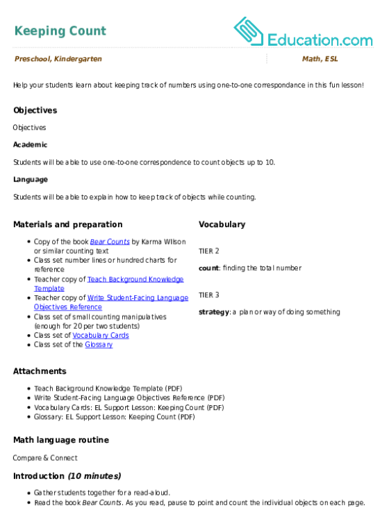 EL Support Lesson: Keeping Count | Lesson Plan | Education.com