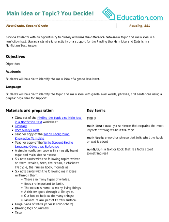 RI.1.2 Lesson Plans - Common Core ELA