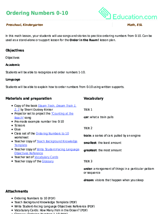 EL Support Lesson: Ordering Numbers 0-10 | Lesson Plan | Education.com