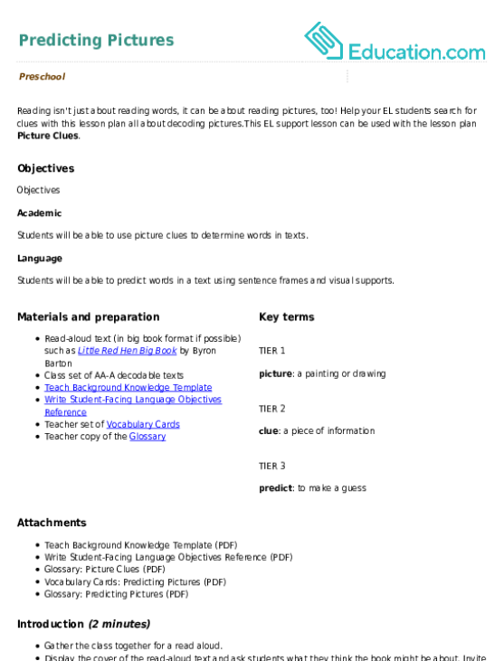 EL Support Lesson: Predicting Pictures | Lesson Plan | Education.com