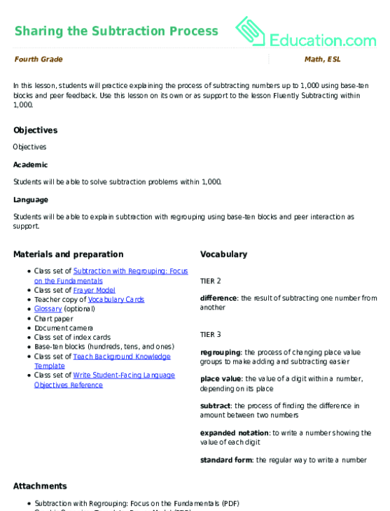 EL Support Lesson: Sharing the Subtraction Process | Lesson Plan ...