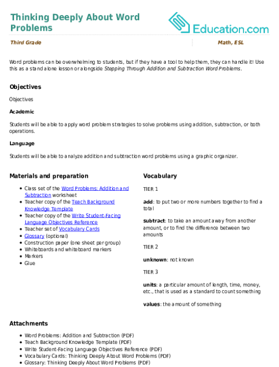 Thinking Deeply About Word Problems | Lesson Plan | Education.com