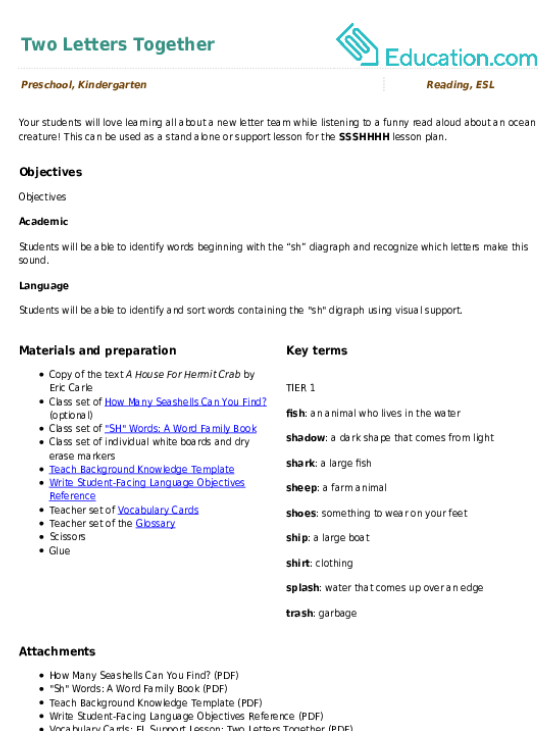 EL Support Lesson: Two Letters Together | Lesson Plan | Education.com