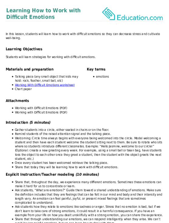 Learning How To Work With Difficult Emotions | Lesson Plan | Education.com