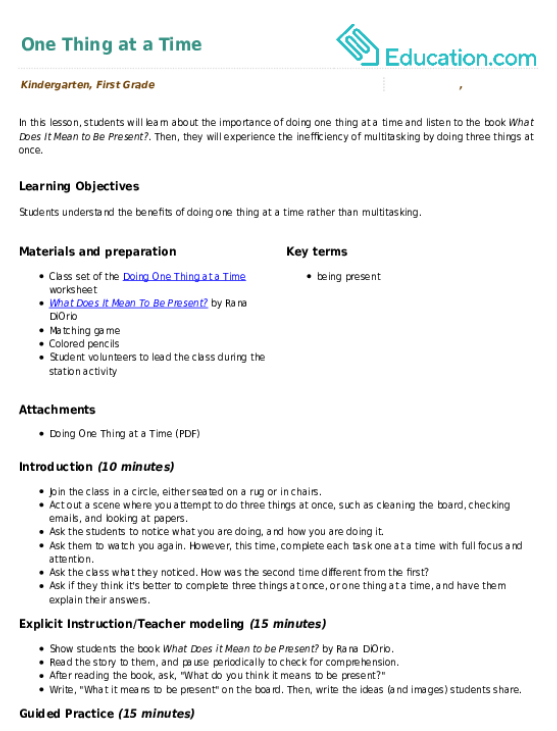 One Thing at a Time | Lesson Plan | Education.com