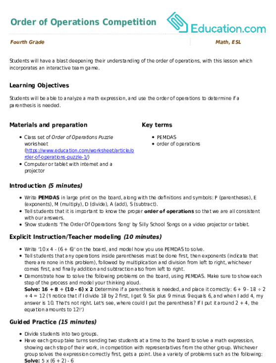 Order of Operation Nation | Activity | Education.com