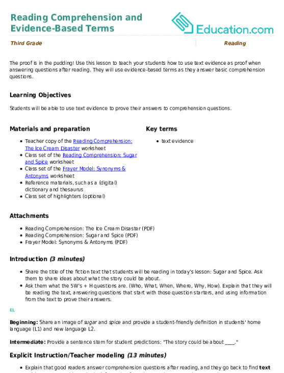 Reading Comprehension and Evidence-Based Terms | Lesson Plan ...