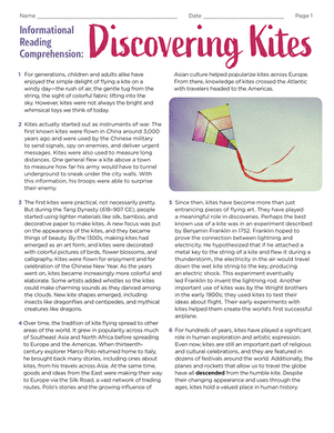 Informational Reading Comprehension: Discovering Kites | Worksheet ...