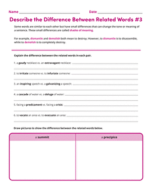Describe the Difference Between Related Words #3 | Worksheet ...