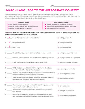 Match Language to the Appropriate Context | Worksheet | Education.com