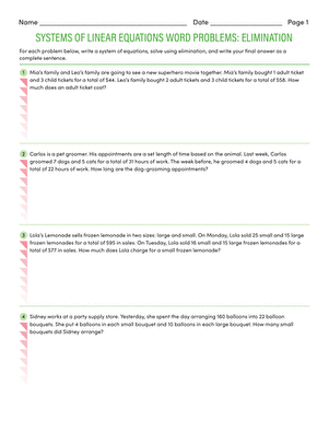 Systems of Linear Equations Word Problems: Elimination | Worksheet ...