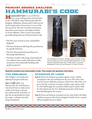 Primary Source Analysis: Hammurabi's Code | Worksheet | Education.com