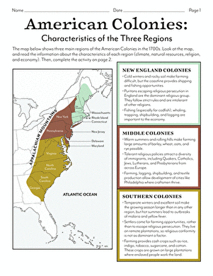 American Colonies: Characteristics of the Three Regions | Worksheet ...