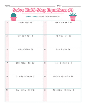 Solve Multi-Step Equations #3 | Worksheet | Education.com