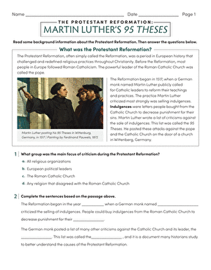 The Protestant Reformation: Martin Luther’s 95 Theses | Worksheet ...