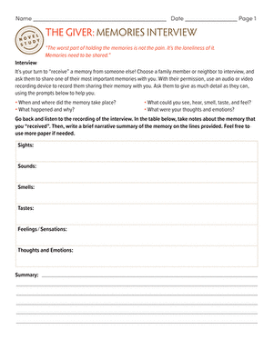 Novel Study: The Giver: Memories Interview | Worksheet | Education.com