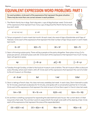Equivalent Expression Word Problems: Part 1 | Worksheet | Education.com