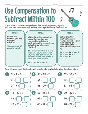 Use Compensation to Subtract Within 100 | Worksheet | Education.com