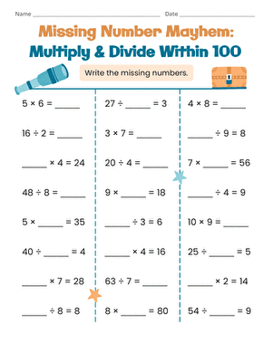 Missing Number Mayhem: Multiply and Divide Within 100 | Worksheet ...