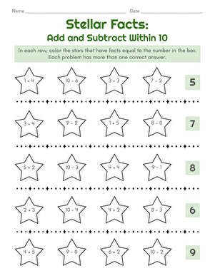 Stellar Facts: Add and Subtract Within 10 | Worksheet | Education.com