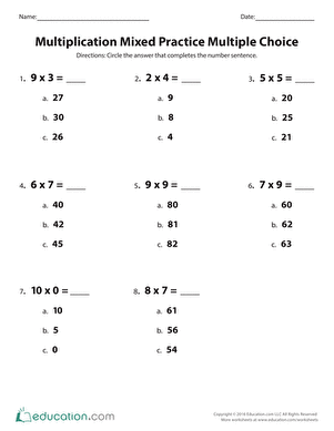 Multiplication Multiple Choice Mixed Practice | Worksheet | Education.com