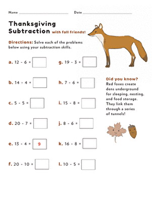 Thanksgiving Subtraction #2 | Interactive Worksheet | Education.com